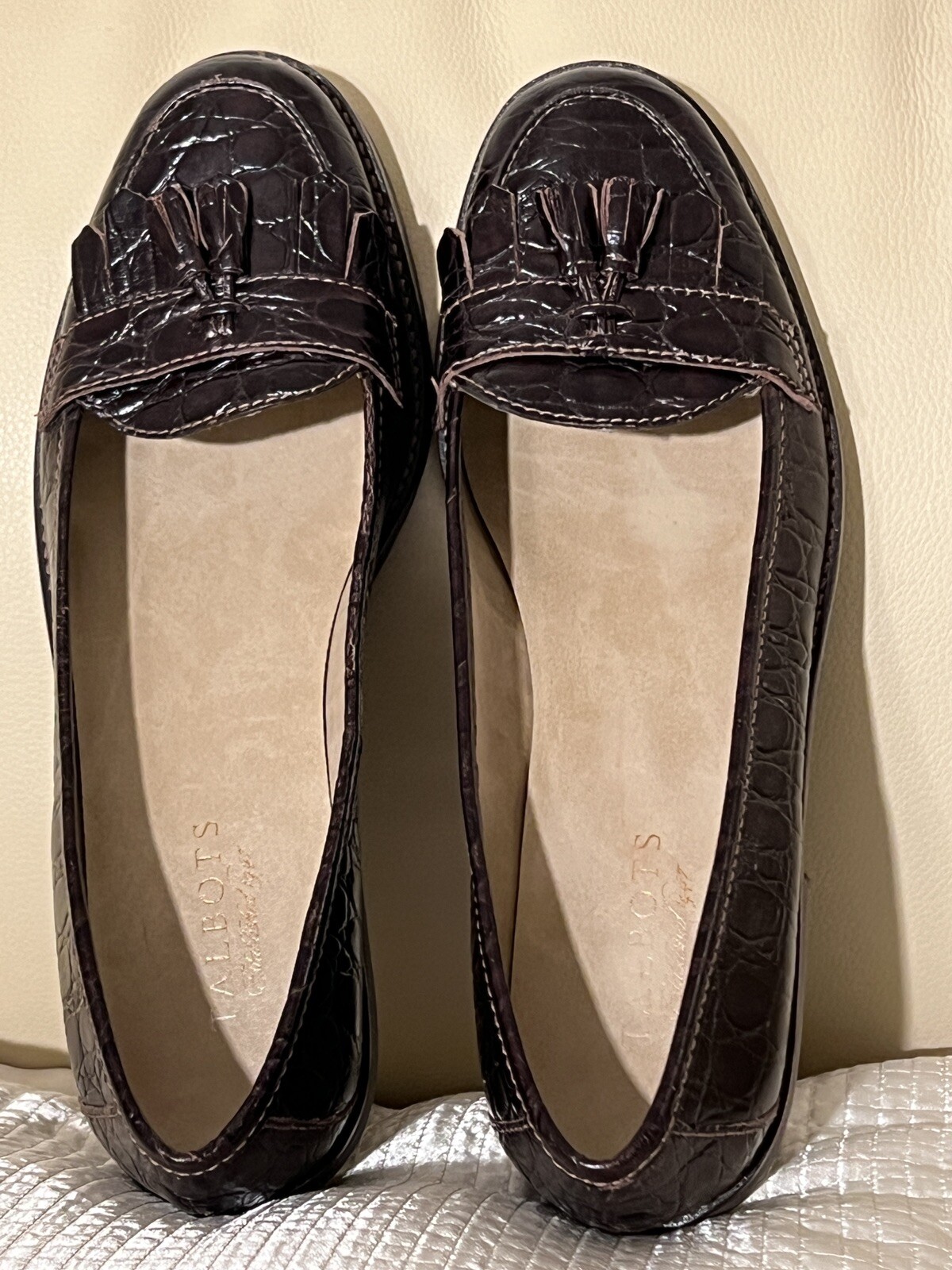Talbots Crocodile Embossed Leather Tassel Penny Loafers Dark Brown ...