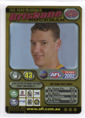 2002 AFL TEAMCOACH GOLD PARALLEL CARD - 286 Beau McDONALD (BRISBANE ...