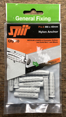 10 PACK SPIT PRO6 M8 X 40MM NYLON ANCHOR WALL PLUGS MEDIUM LOAD IN ...