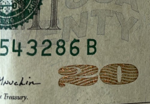 Fancy Serial Number $20 Dollar Bill, Broken Ladder, Dot On Top Of Lower ...