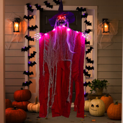 Animated Hanging Flying Witch Halloween Prop w/ Lights & Sound Outdoor ...