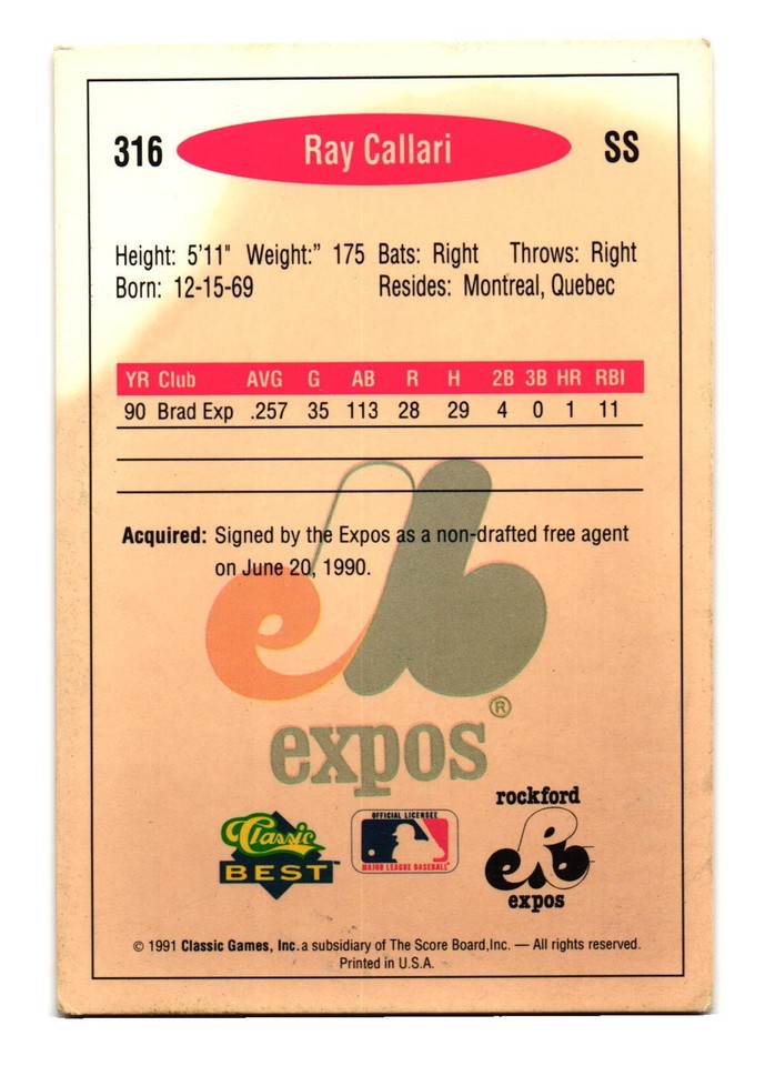1991 Classic Games Ray Callari 316 Score Rockford Expos Short Stop | eBay