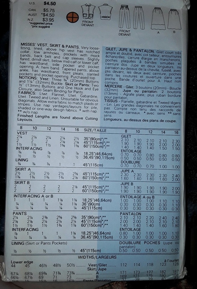 Vintage Butterick Sewing Pattern 6719 Vest Skirt Pants Sz 16 Uncut Evan ...