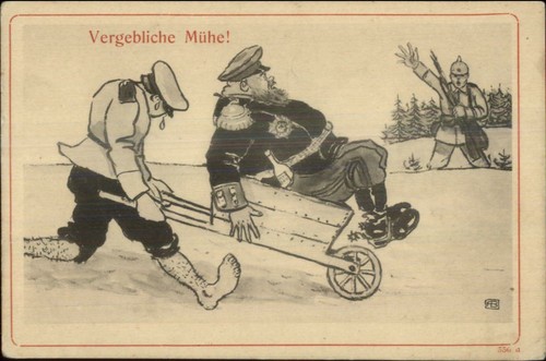 WWI Propaganda German Fat Man in Wheelbarrow VERGEBLICHE MUHE Postcard ...