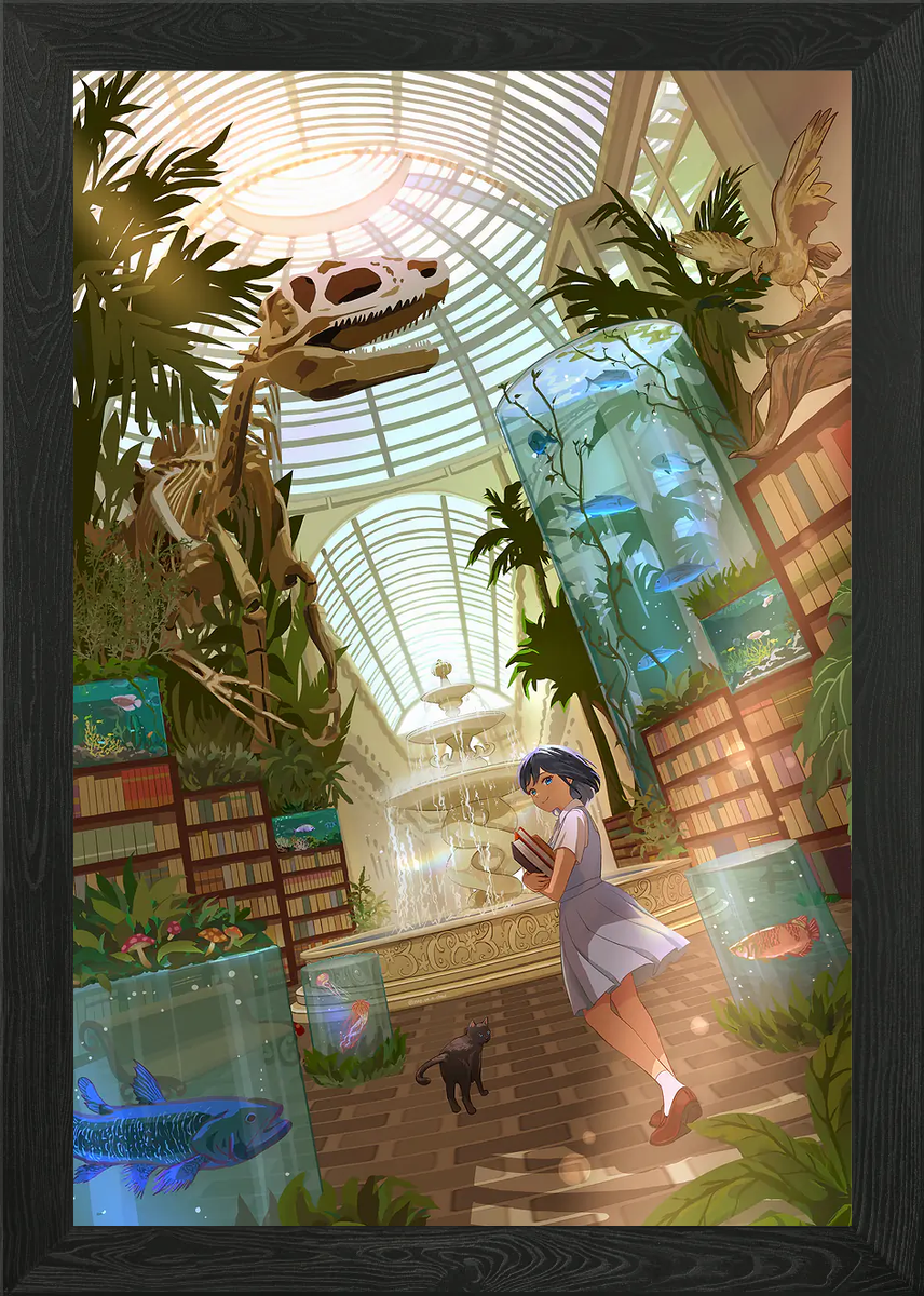 Anime Girl in Botanical Library Framed Wall Art Poster Canvas Print ...