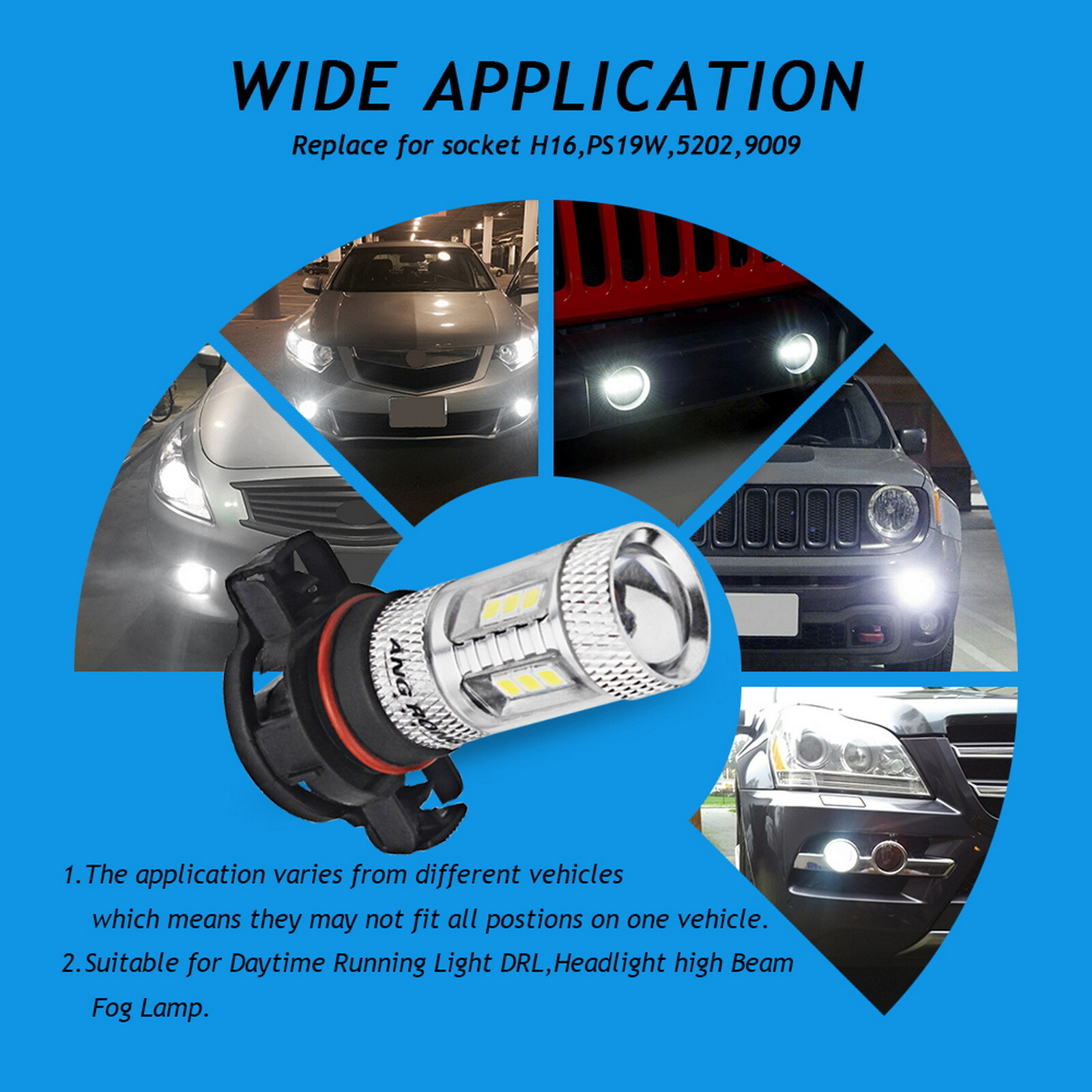 2x H16 PS19W 5202 PSX24W 15 SMD LED Bulbs 15W Sidelight Fog Driving ...