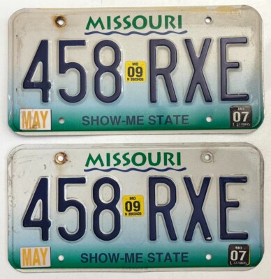Missouri 2009 License Plate PAIR # 458 RXE | eBay