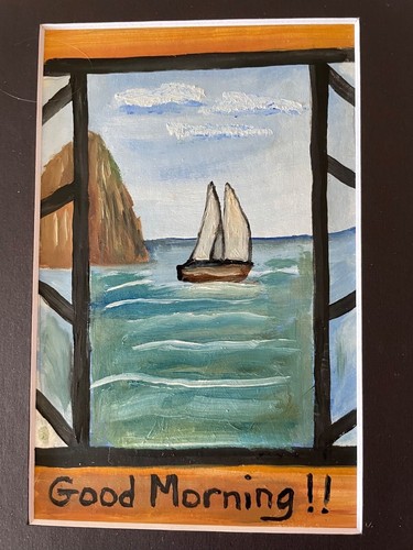 original oil painting artwork Good Morning!! Window view ocean boat | eBay