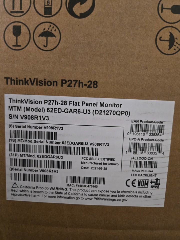ThinkVision P27h-28 Flat Panel 27 in. Monitor 62ED-GAR6-U3 (D21270QP ...