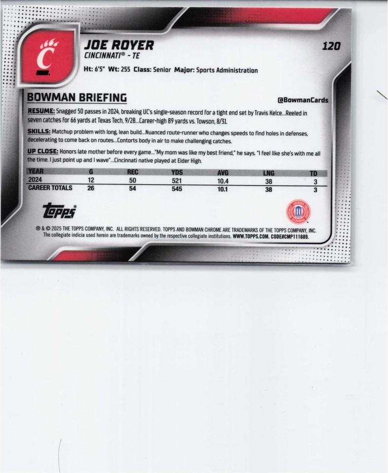 2025 Bowman Chrome U - Joe Royer #120 (RC) 1st | eBay