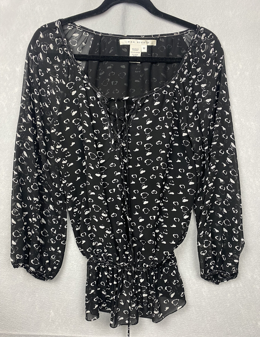 Max Studio Blouse Women Size M Top Black Patterned Cinched Waist | eBay