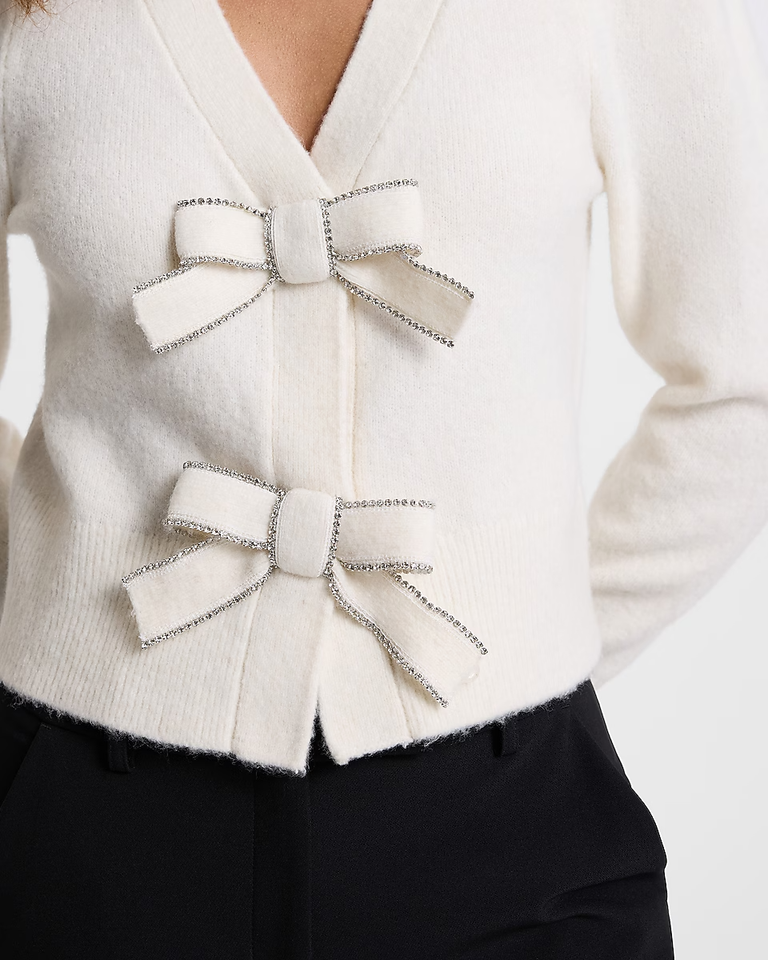 EXPRESS Embellished Rhinestone Bow V-Neck Cardigan M | eBay