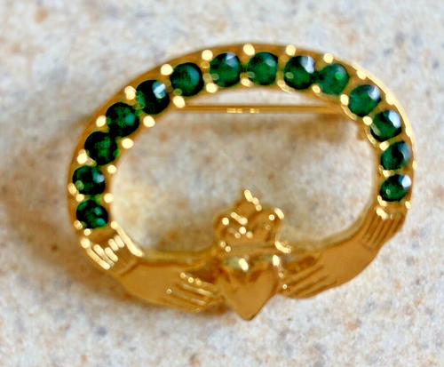 Claddagh Brooch Gold Green Rhinestones Irish Celtic Pin Gift Box St ...