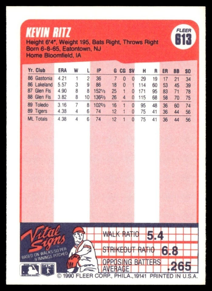 1990 Fleer Kevin Ritz Rookie Detroit Tigers #613 | eBay