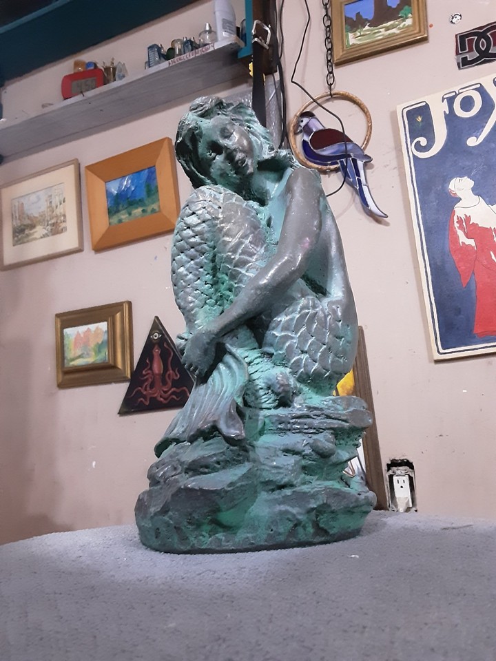 INCREDIBLE VINTAGE CEMENT SEATED MERMAID ART SCULPTURE BRONZE TONE W/VERDIGRIS | eBay
