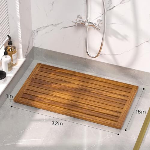 Teak Shower Mat, 32"x18" Wood Bath Mat Non-Slip Bathroom Mat Teak Bath ...