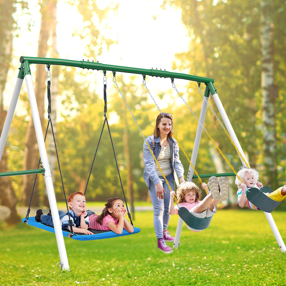 Rebo Childrens Metal Garden Swing Set Double Swing Glider Slide