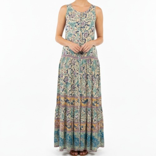 R. Vivimos Maxi Dress Bohemian Tiered Slit Sleeveless Button Front ...
