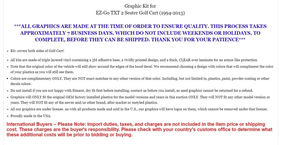 Golf Cart Hood ONLY Graphic Decal Sticker For EZ-Go TXT 1994-2013 VICE ...