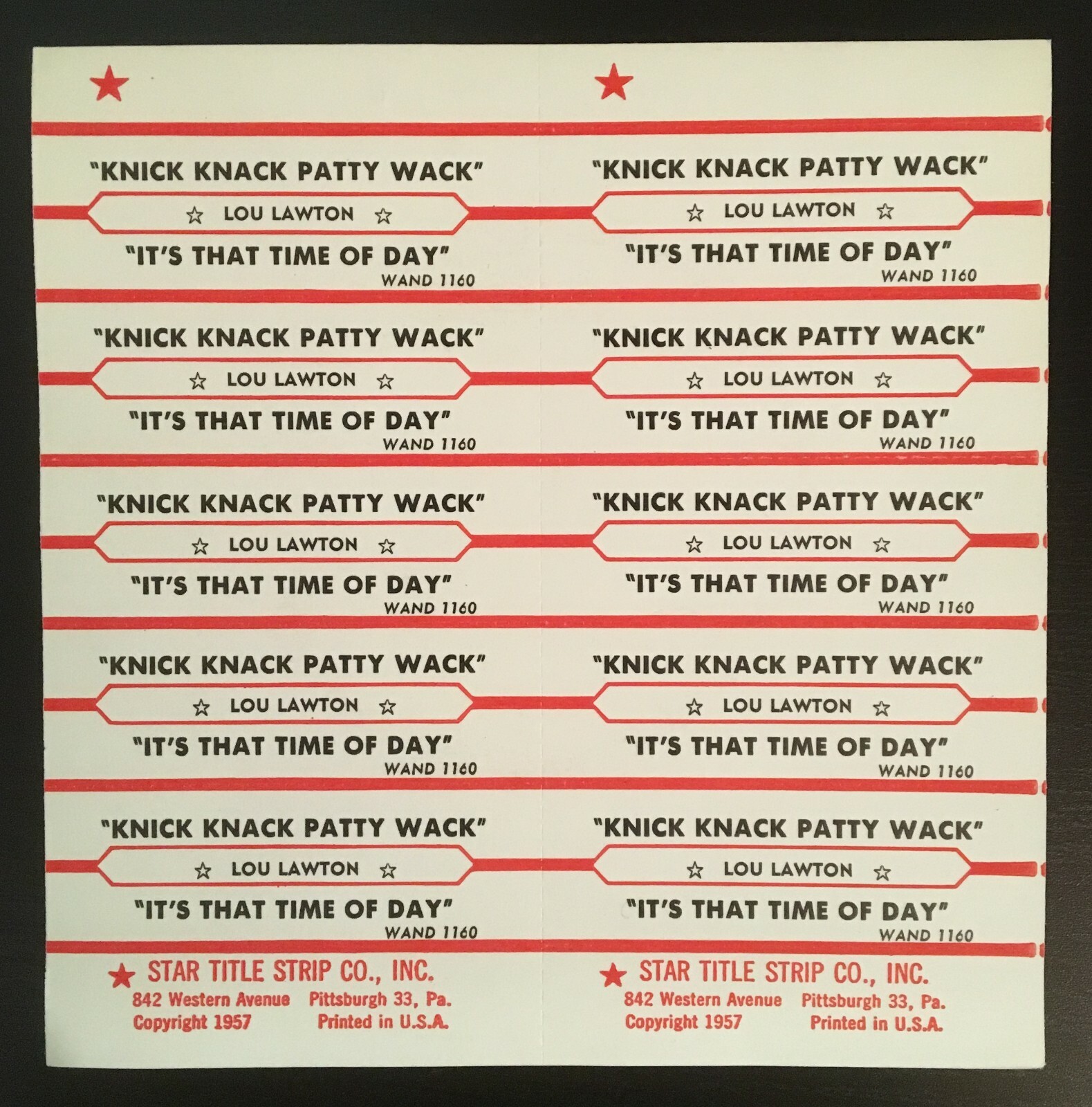 LOU LAWTON Knick Knack Patty Wack Orig Sheet of 10 Jukebox Strips NO ...
