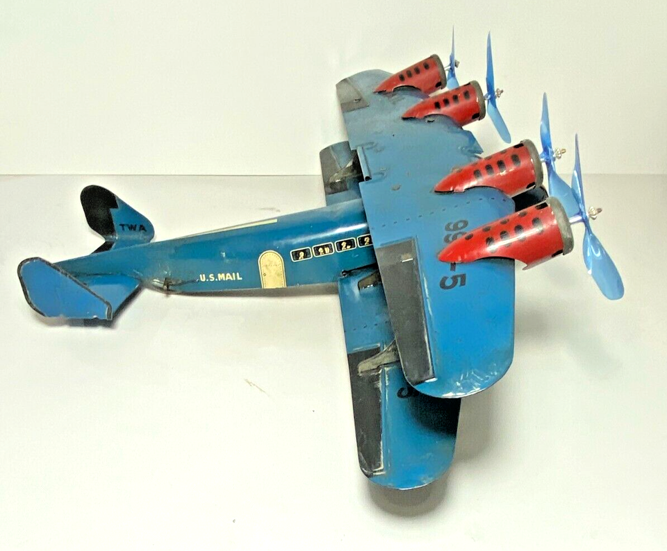 Vintage Marx Tin Litho Windup Blue & Red Biplane Airplane U.S. Mail ...