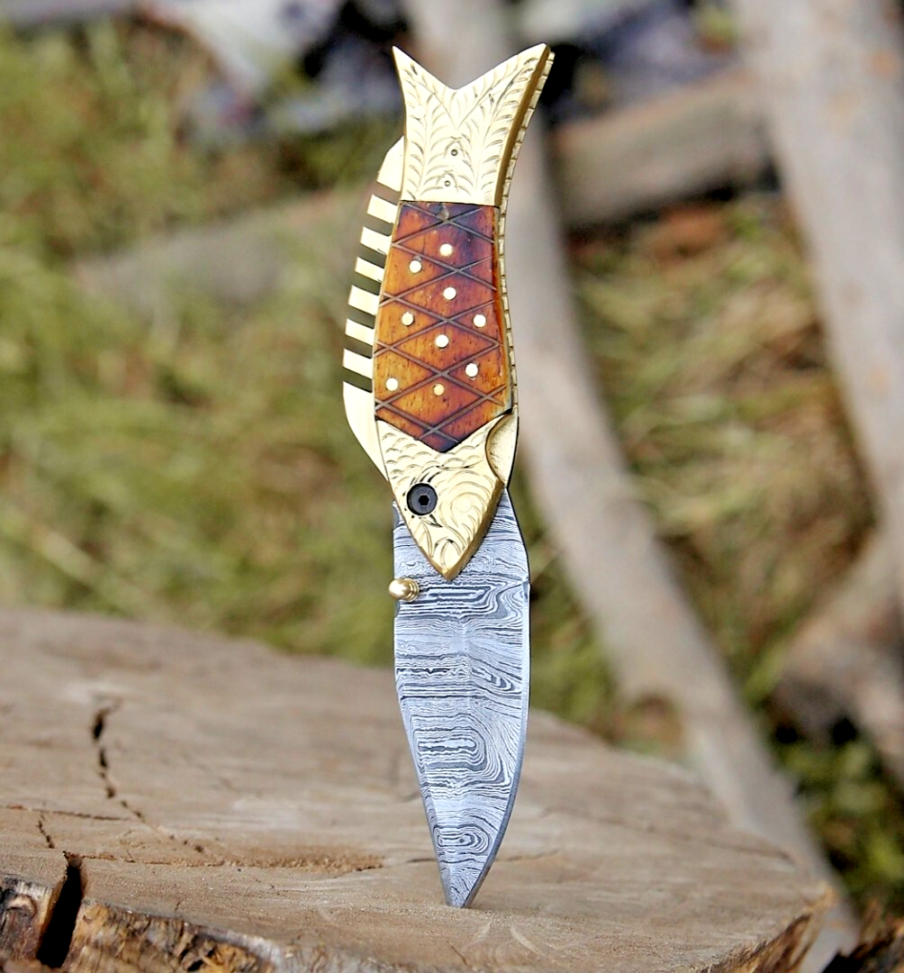 Handmade Damascus Pocket Knife 7.5" Bone Handle Folding Fish Knife Best ...