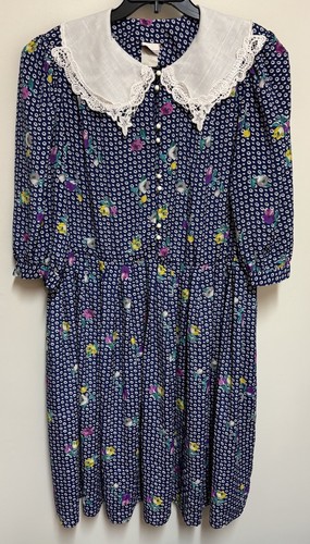 Vintage 80s Y2K Dress Blue Floral Midi Lace Collar Secretary Geek Plus ...