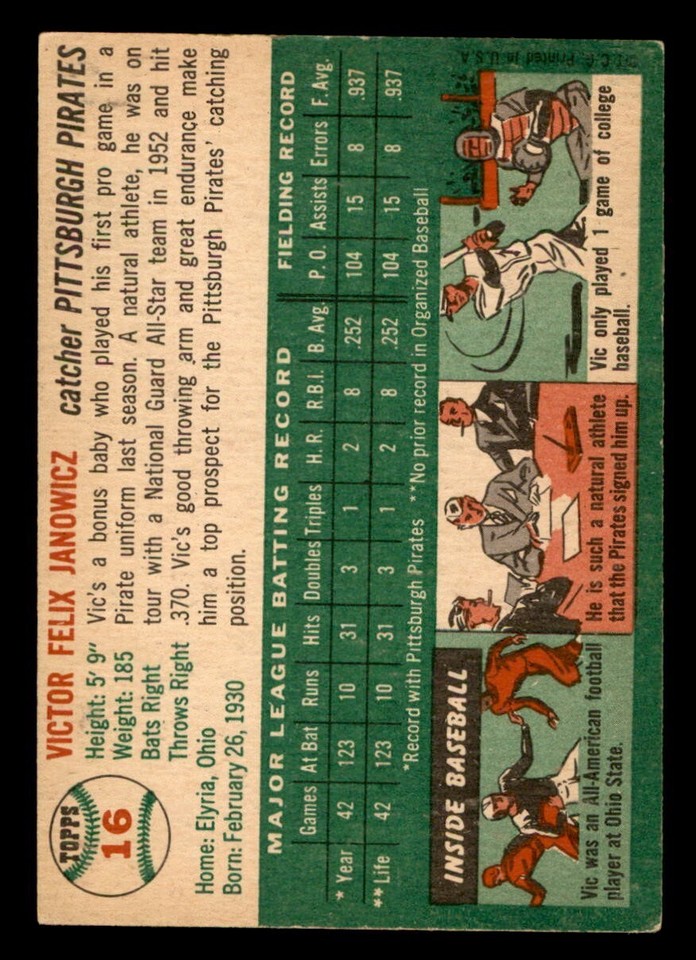 1954 Topps Baseball #16 Vic Janowicz VG/EX *i1 | eBay