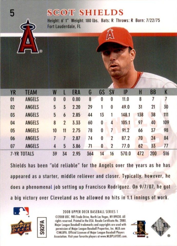 2008 Upper Deck Scot Shields Los Angeles Angels #5 MLB Baseball Card | eBay