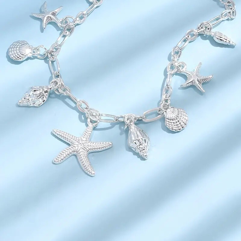 925 Sterling Silver Sea Snail Shell Starfish Beads Style 9.5" Charms ...