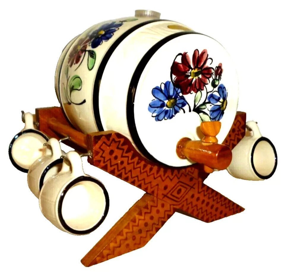 3 x 1950/60s Porcelain & Wooden German Schnapps Barrel, Stand & Shot ...