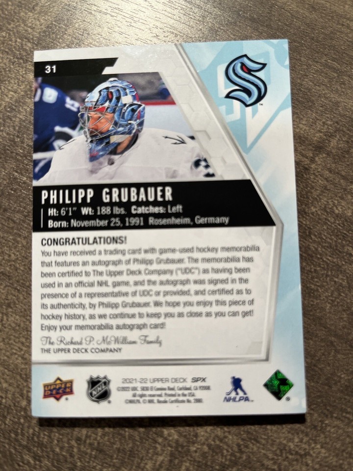 2021-22 Upper Deck SPx Autograph 3 color Patch Philipp Grubauer #38/49 ...