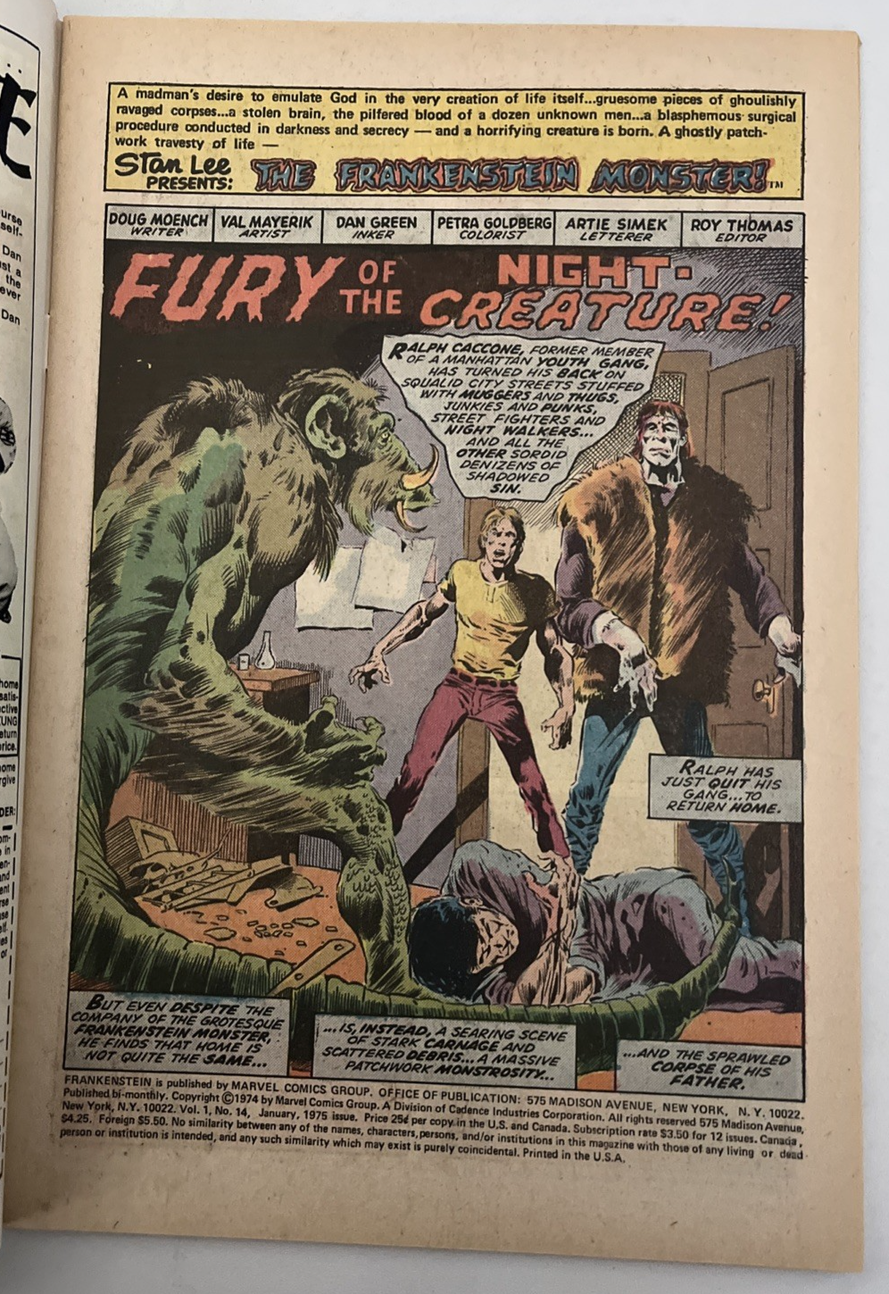 FRANKENSTEIN. NUMBER 14. JANUARY 1975. MARVEL COMICS. VFN- CONDITION. 7 ...