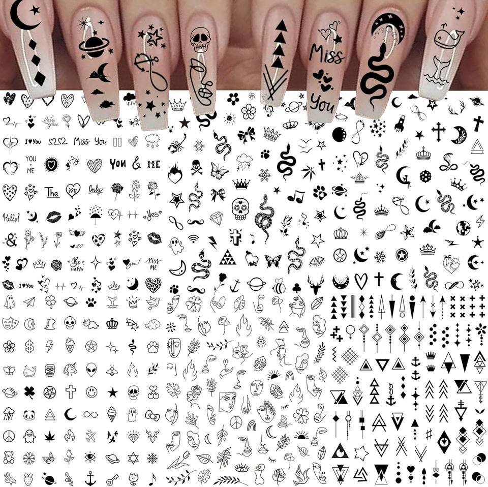 6 Sheets Self-Adhesive Snake Heart Moon Star Nail Art Sticker Decals ...