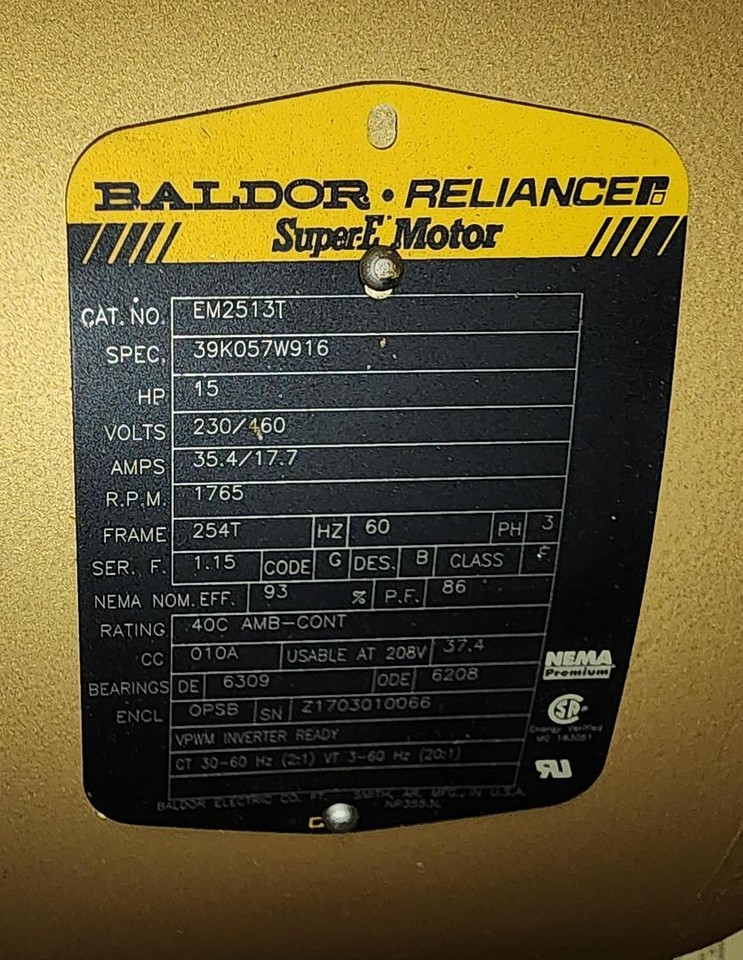 N.O.S 15 Hp Baldor EM2513T Shaft Grounding Motor 1765 RPM 254T Frame ...