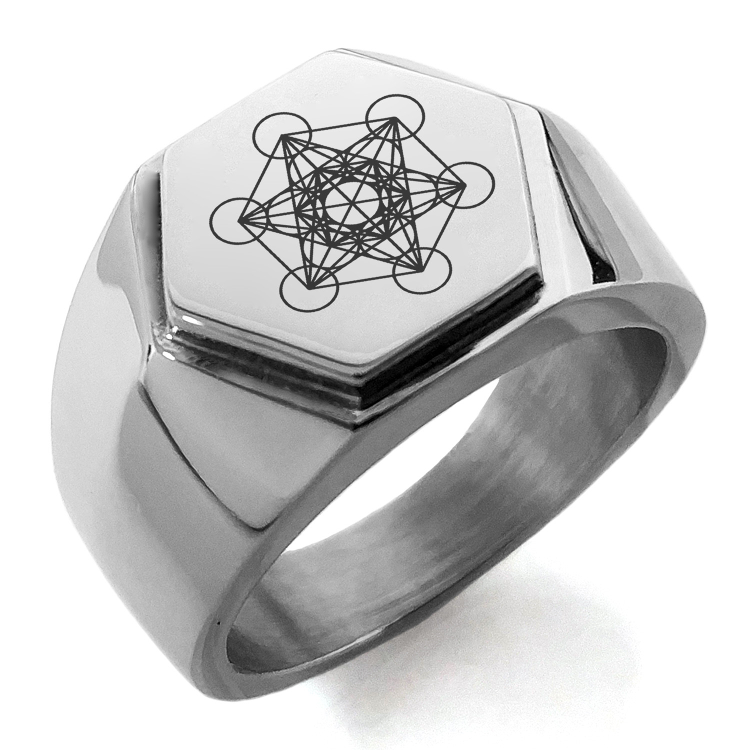 Stainless Steel Metatron’s Cube Symbol Mens Hexagon Crest Signet Ring ...