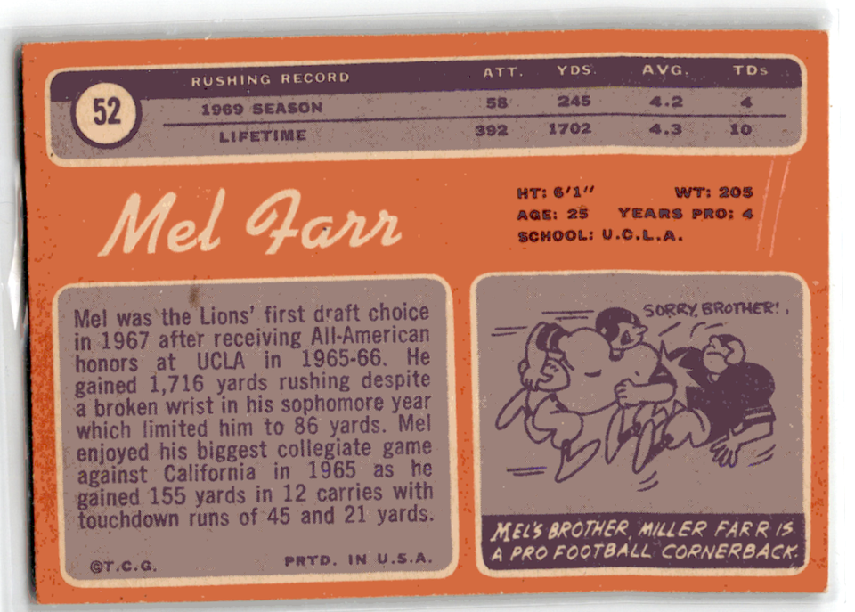 1970 Topps #52 Mel Farr Detroit Lions Rookie | eBay