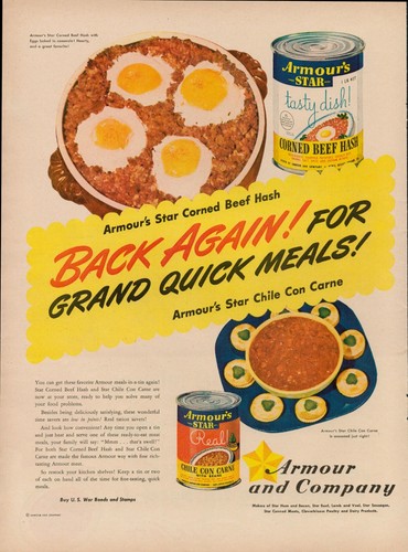 1944 Canned Food Chili Hash Armour 1940s Vintage Print Ad Corned Beef ...