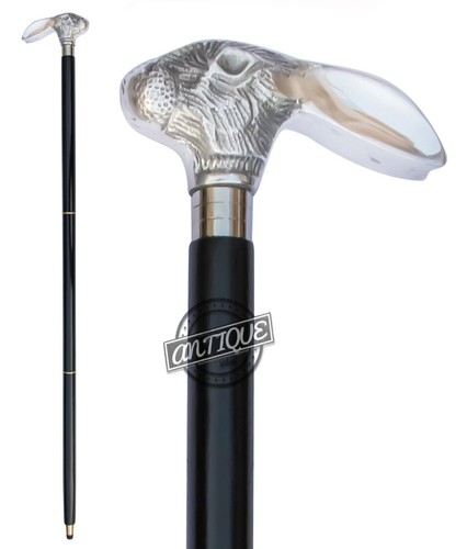 Vintage Rabbit Head Walking Cane Stick Wooden Rod Christmas Gift Father ...