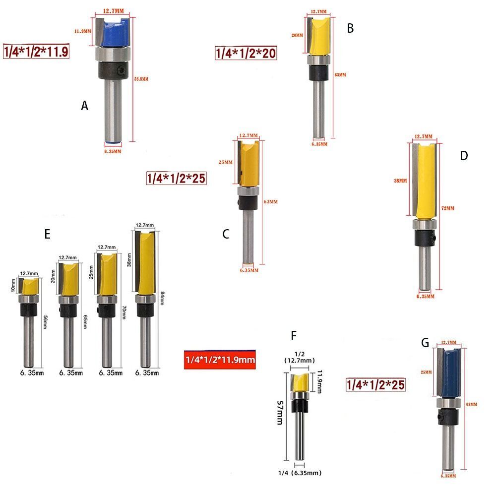 6.35mm Shank Flush Trim Router Bearing 1/2" Straight Router Bit Wood ...