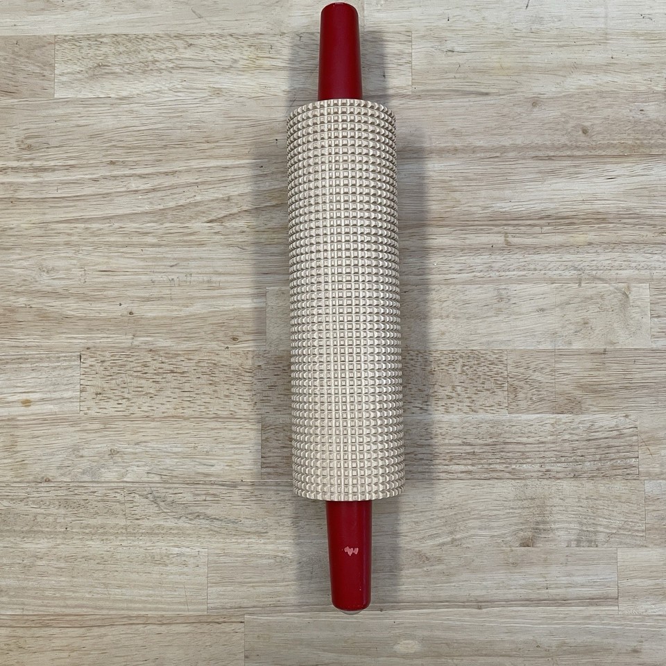 Vtg Lokstad Wooden Ribbed Rolling Pin Red Handles For Swedish Flatbread ...