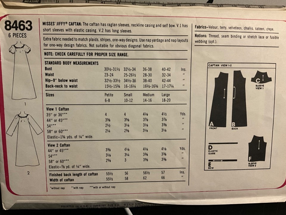 🦋 1978 SIMPLICITY #8463 - LADIES (2 STYLE) FLOOR LENGTH CAFTAN PATTERN ...