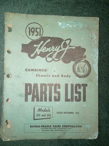1951 KAISER-FRAZER HENRY J BODY & CHASSIS PARTS CATALOG / ORIGINAL BOOK ...