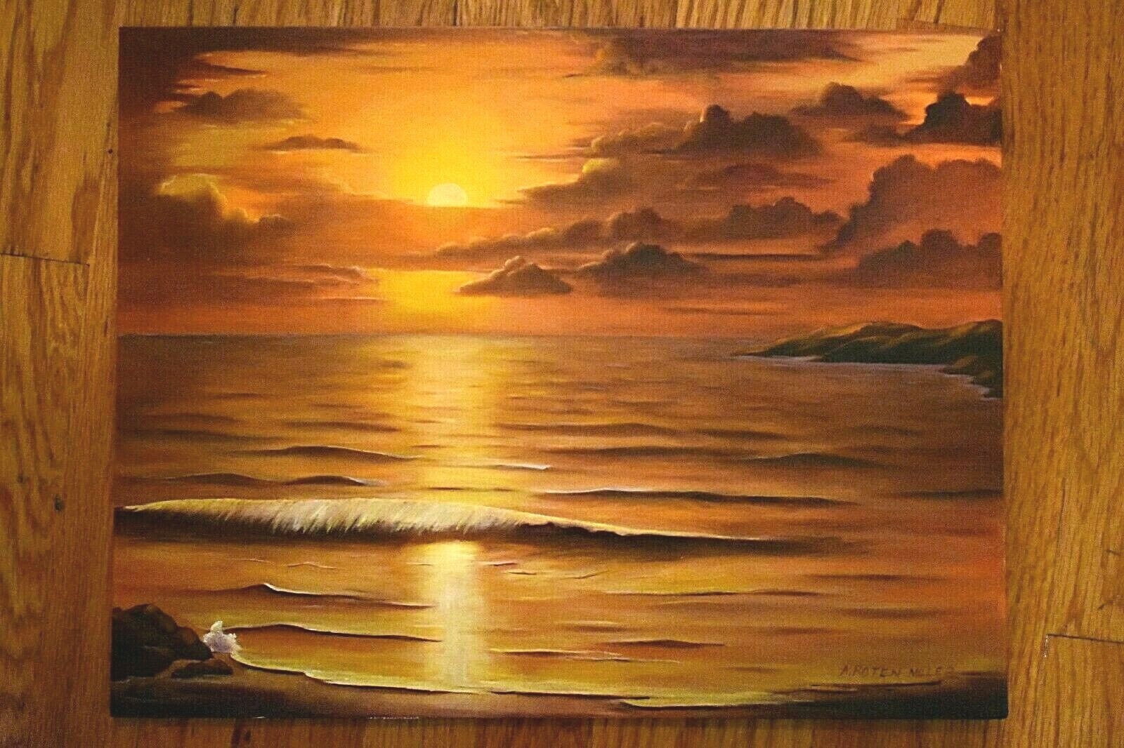 Sunset Oil Painting Original Artist Signed On The Golden Shore 18" x 14 ...
