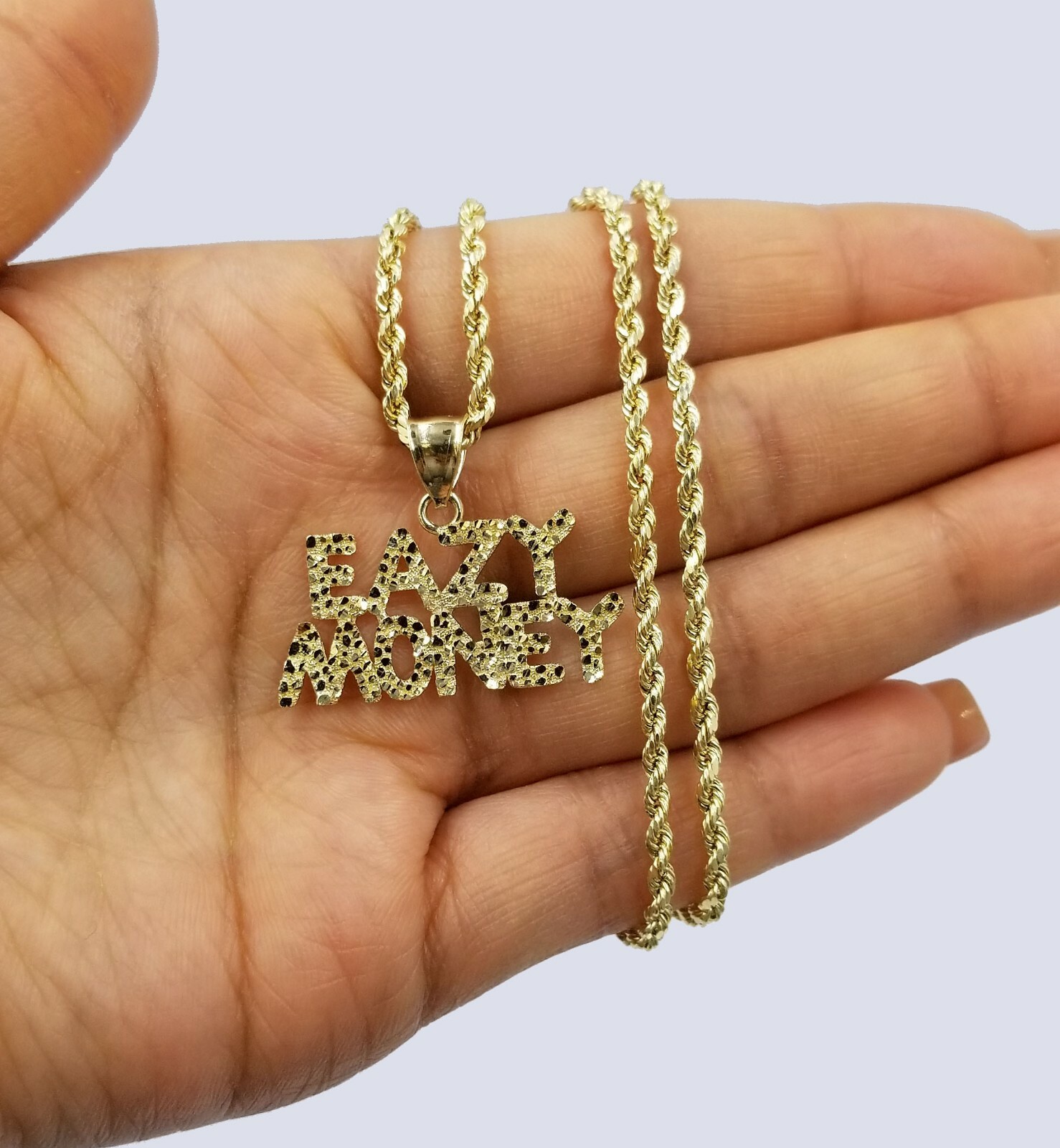10k Yellow Gold Easy Money Sign Pendant with Rope Chain Nuggets Design ...