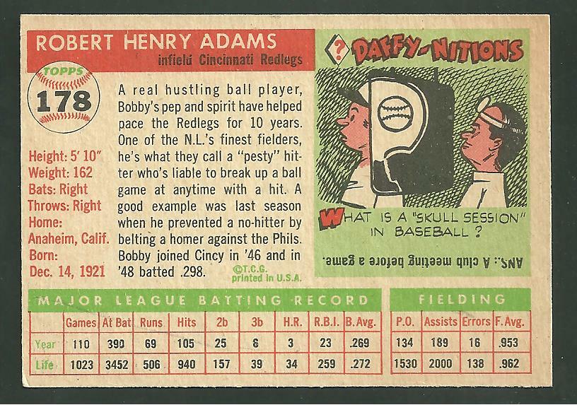 1955 Topps #178 Bobby Adams Vintage Baseball Card Cincinnati Redlegs ...