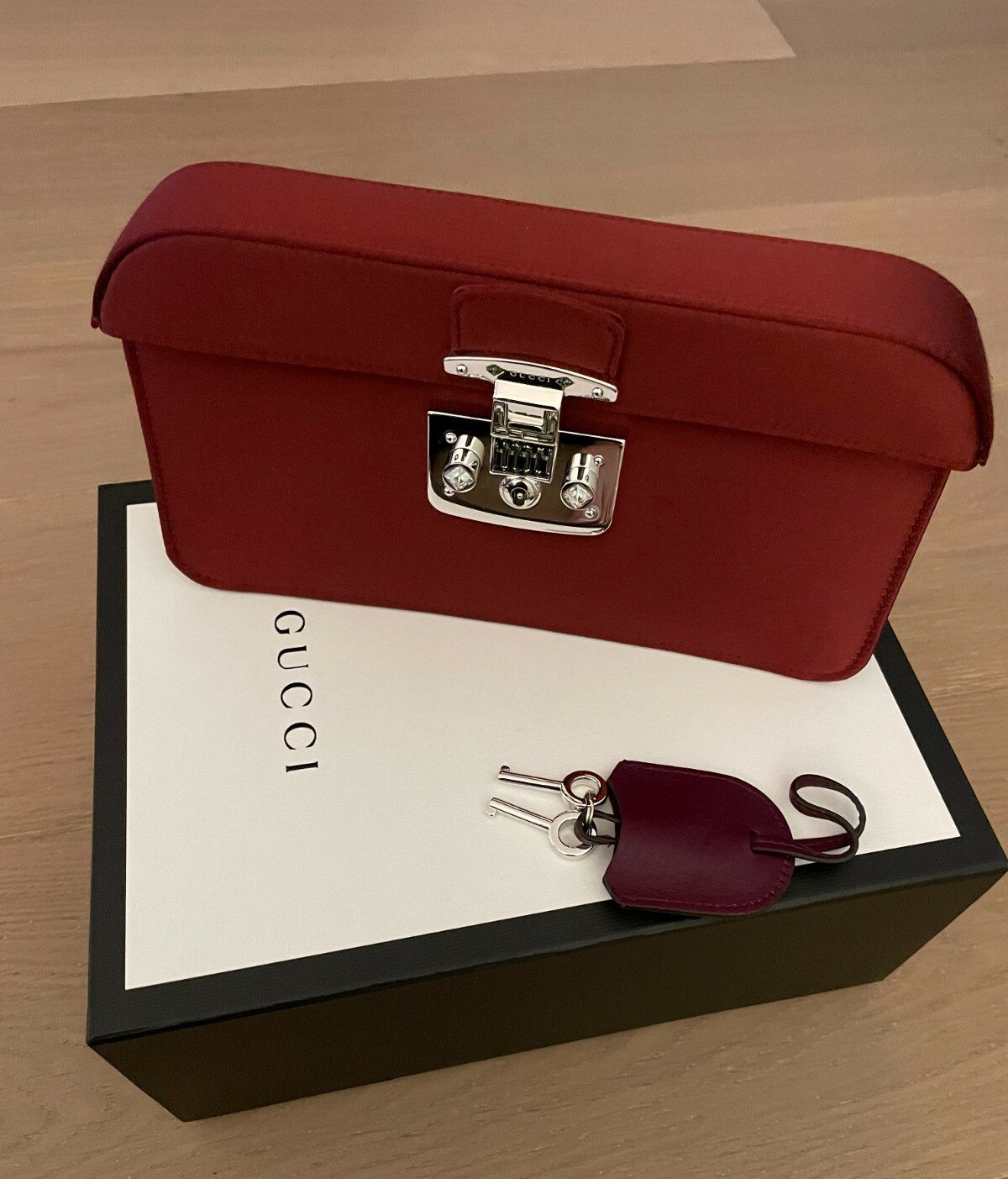 Gucci Lady Lock Satin Clutch in Ruby Red with Swarovs… - Gem