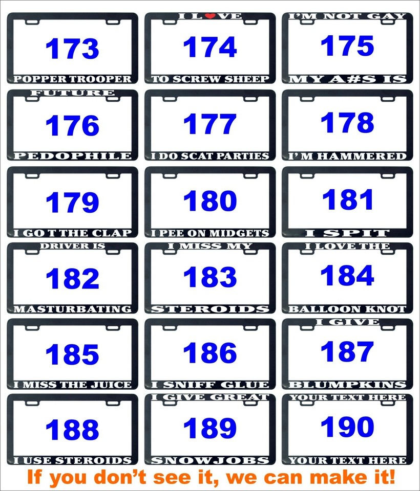 Rude prank offensive humor funny assorted license plate frame frames B ...