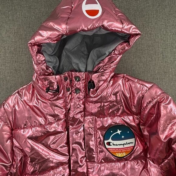 Champion NASA Puffer Jacket Metallic Pink Hoodie Pockets Medium Logo ...