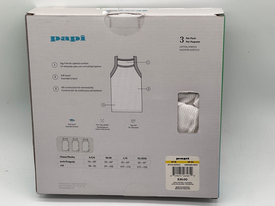 NEW 3 PACK MENS PAPI COTTON STRETCH SOFT TOUCH TAG FREE TANK TOPS WHITE ...